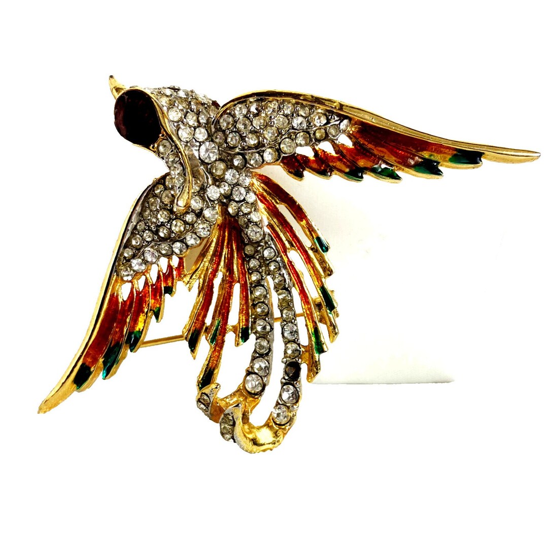 Vintage 40s 50s Flying Bird of Paradise Pin Enamel Crystal Pave Brooch ...