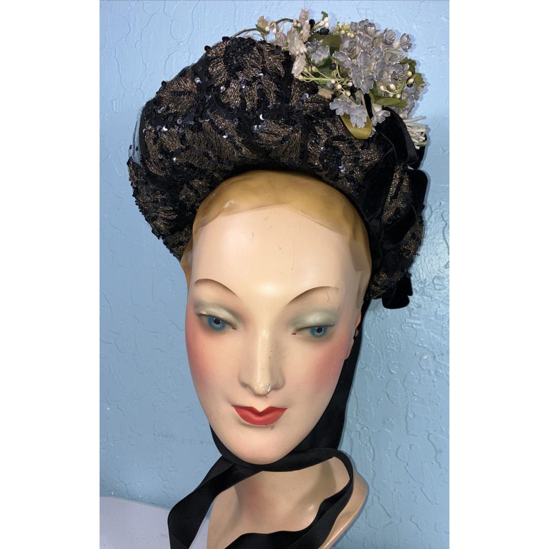 Antique Late 1870s High Brim Bonnet Sequin Flowers Mourning Bustle Era ...