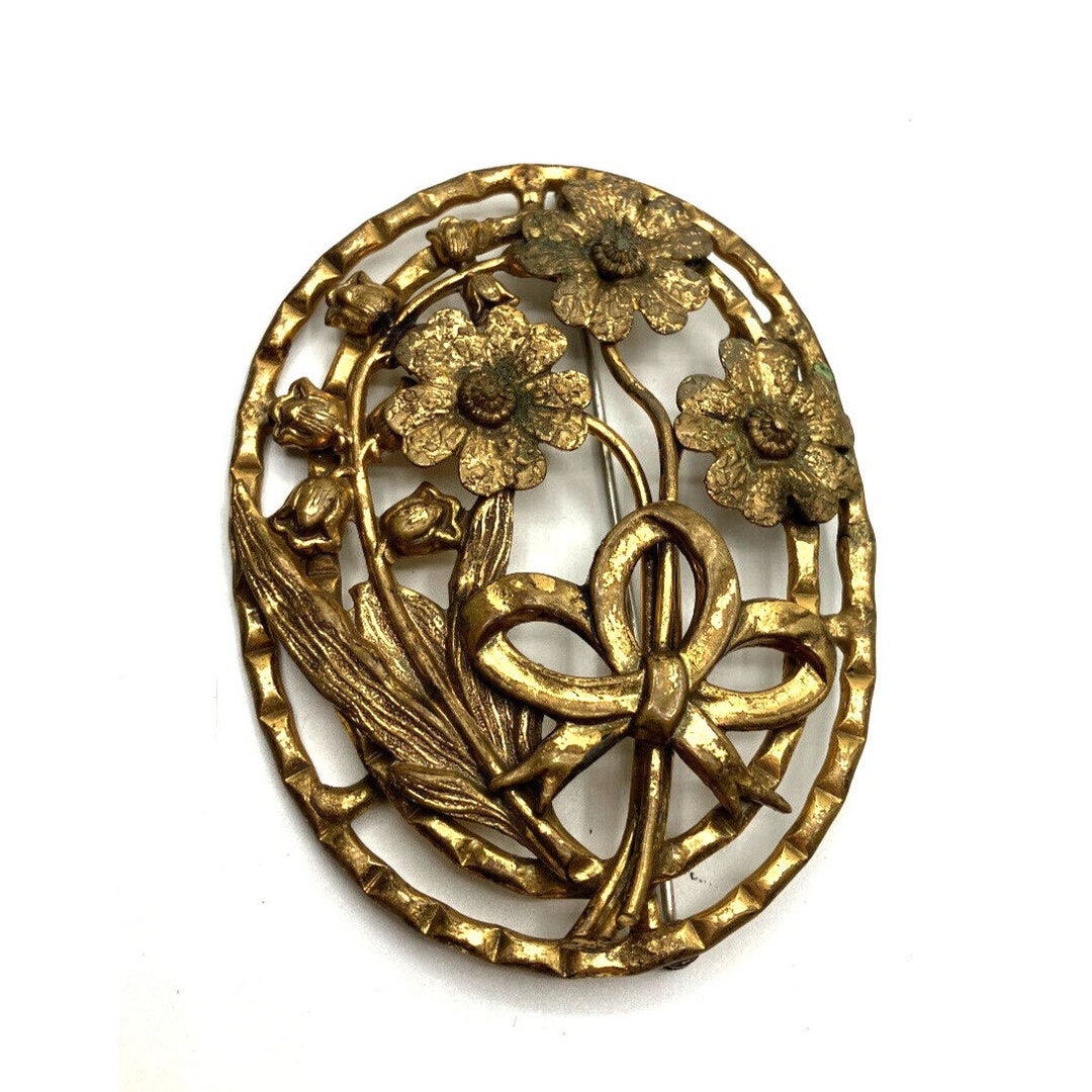 Art Deco Large Brass Flower Bouquet Pin Forhat Statement - Etsy