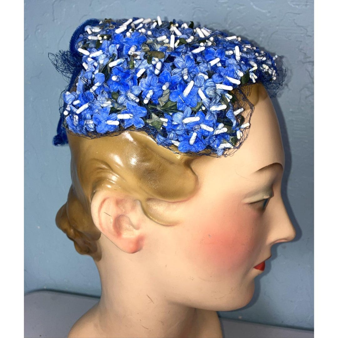 Vintage 1950s Multi Floral Juliet Cap Hat Blue Tudor - Etsy
