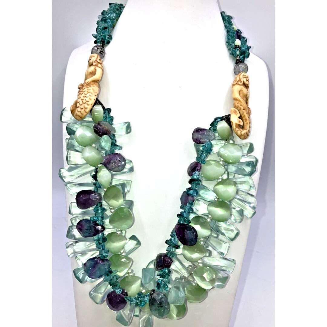 Vintage Double Mermaid Statement Necklace Sea Azure Colored Glass ...