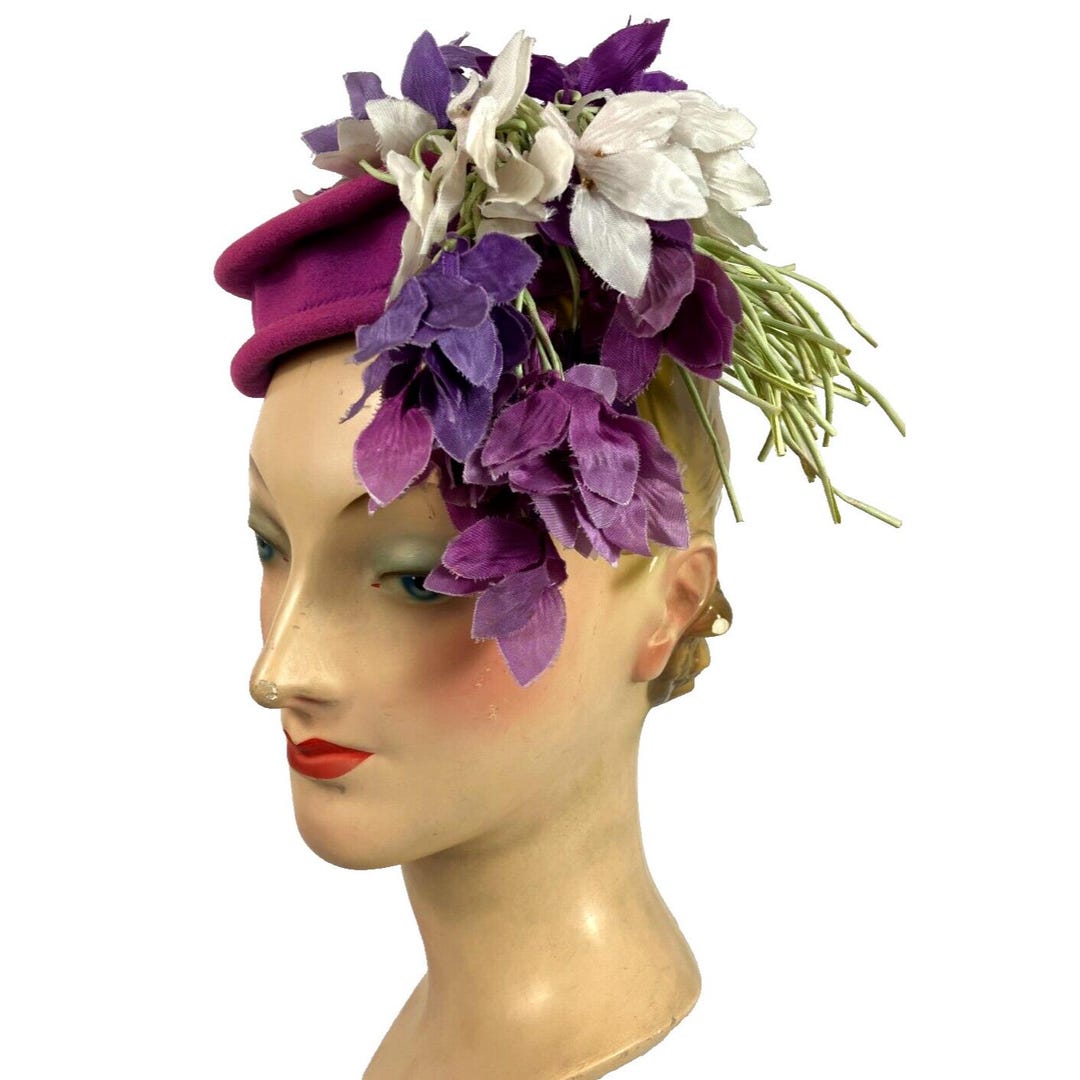 1940s Tilt Topper Hat Large Floral Side Decoration Pink Purple Wool 40s ...