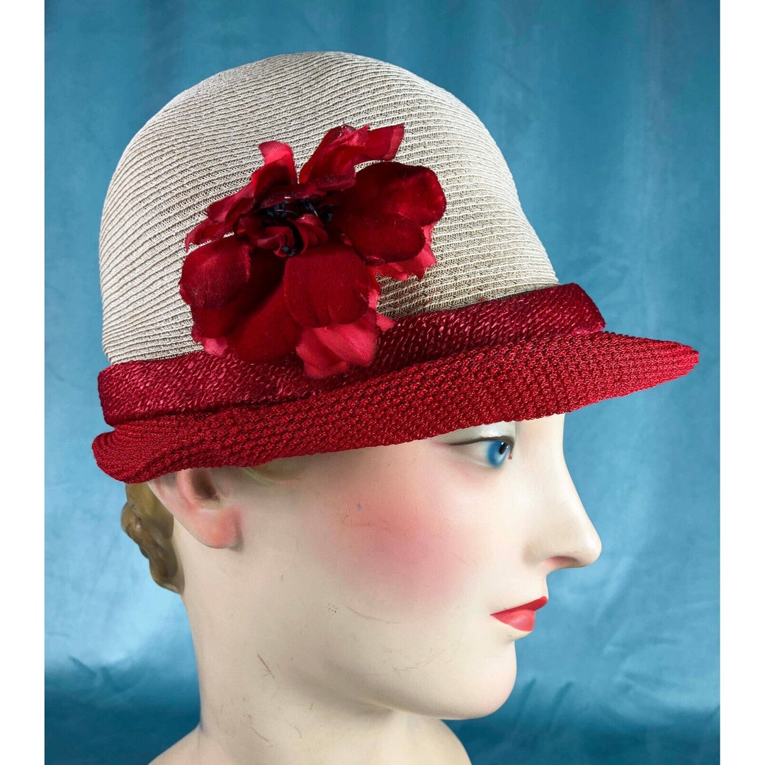 1920s Bell Cloche Natural Straw Red 20s Flapper Hat - Etsy