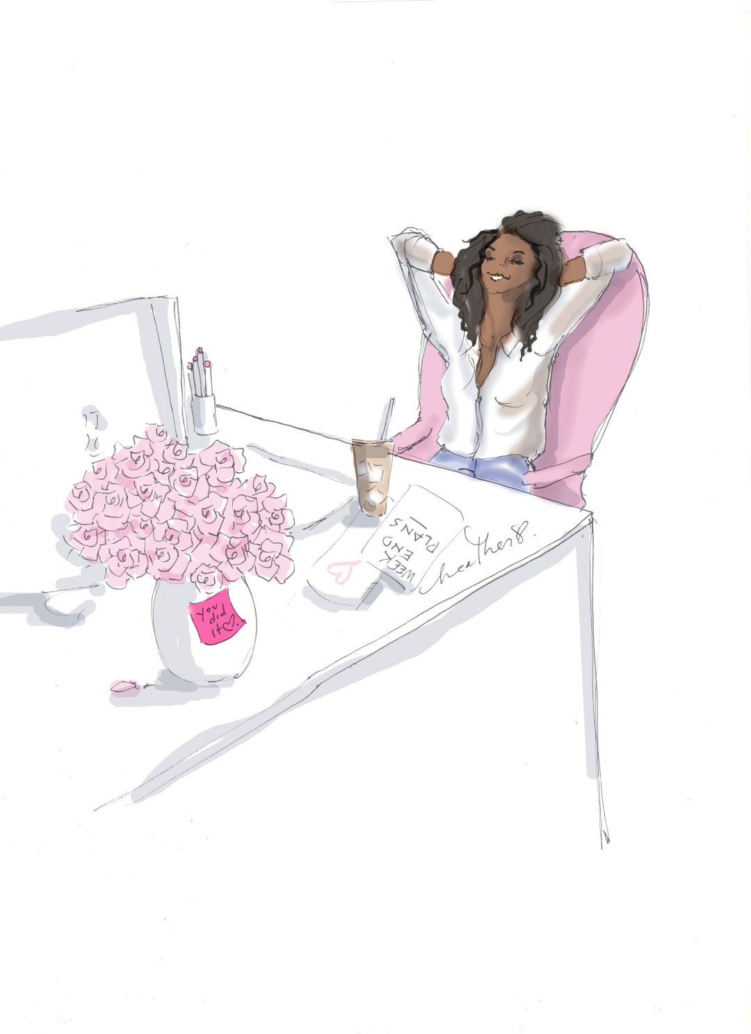 Happy Desk Art Girl Work From Home Art Girly Art Print: { Floral Rose ...