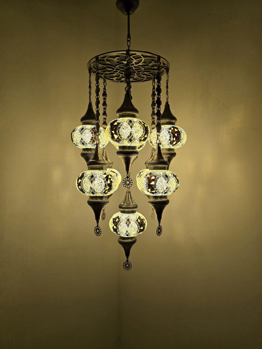 Turkish Mosaic Chandelier 9's Antique Nickel Turkish Moroccan Stained ...