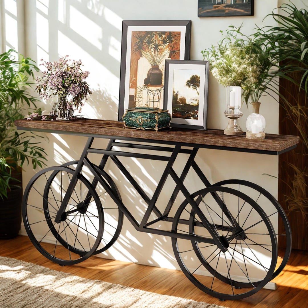 70.9" Industrial Console Table With Bicycle Metal Base, Extra Long ...
