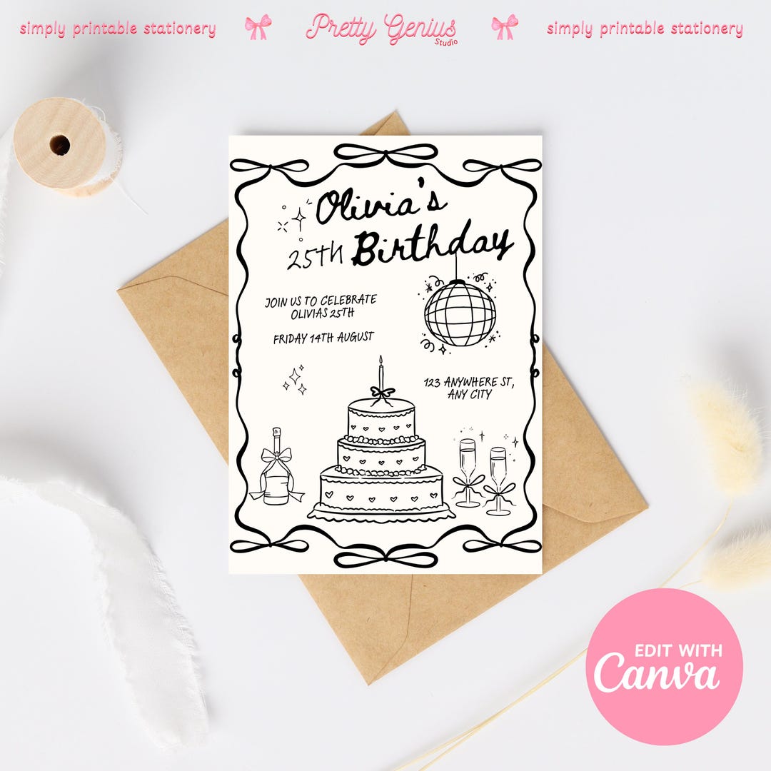 Editable 25th Birthday Invitation | Black & White Party Invite ...