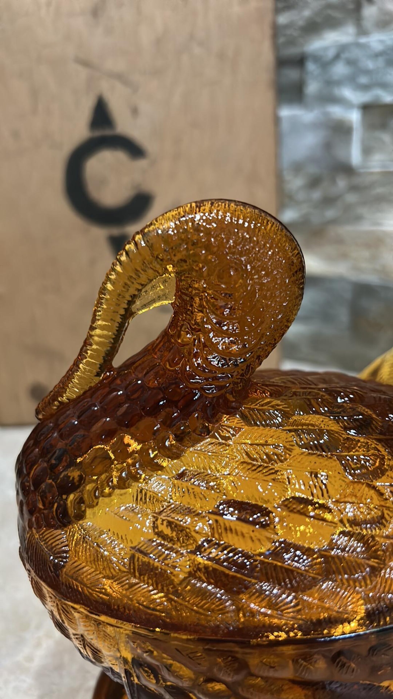 LE Smith Vintage Amber Glass Turkey Covered Candy Dish MCM Pressed ...