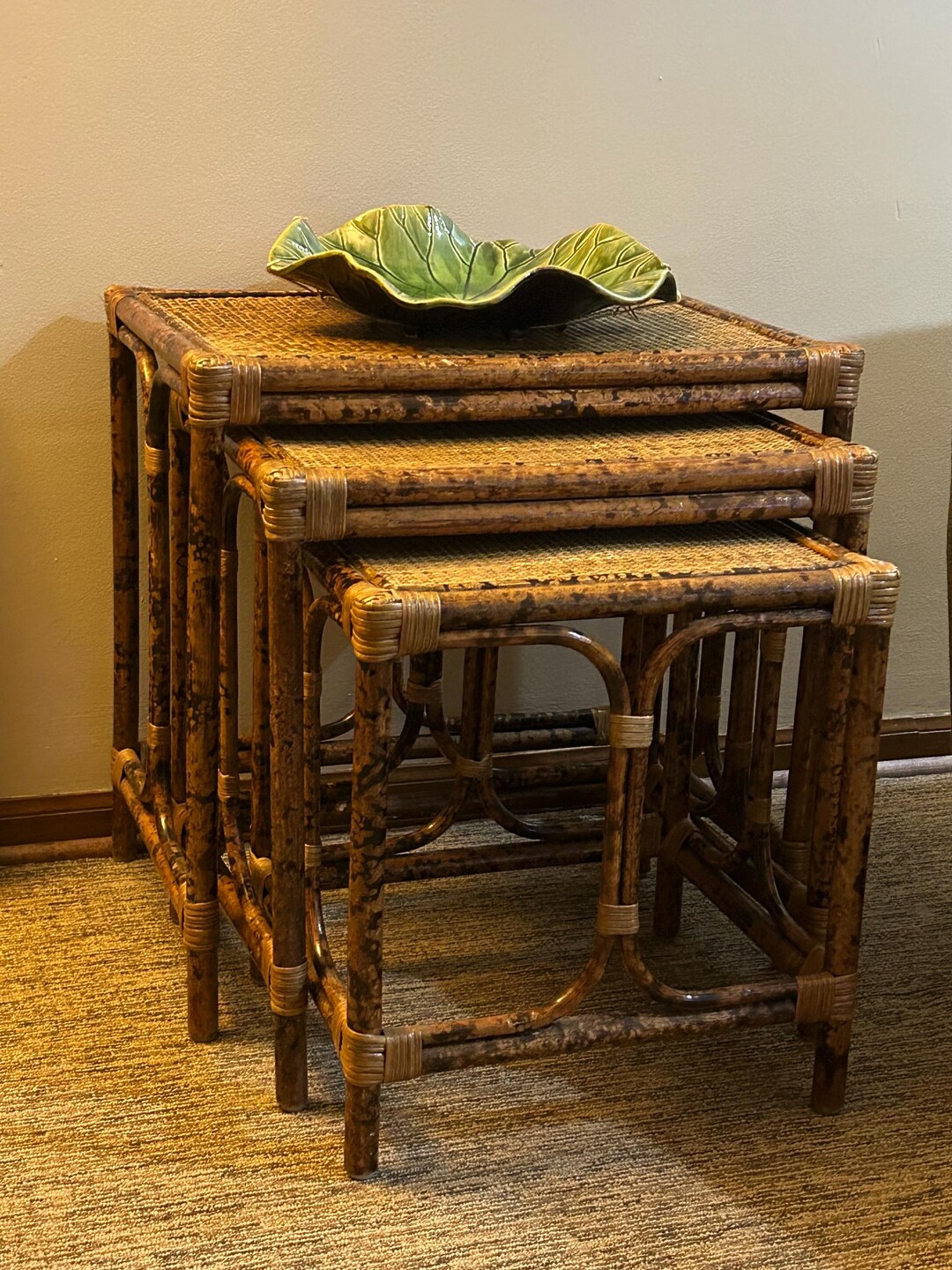 VINTAGE Tiger Bamboo Nesting Tables Rattan Wicker Set of 3 - Etsy