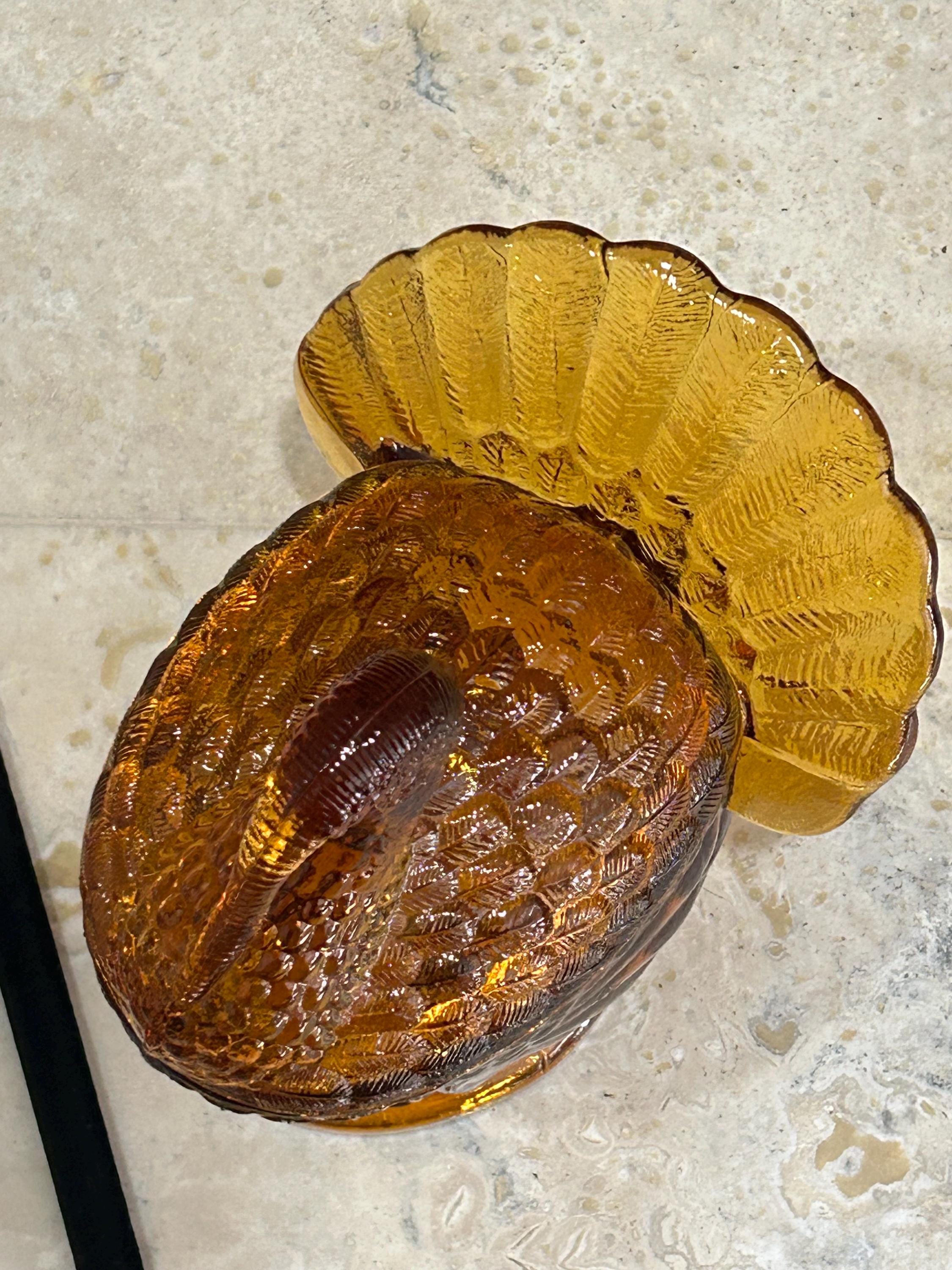LE Smith Vintage Amber Glass Turkey Covered Candy Dish MCM Pressed ...