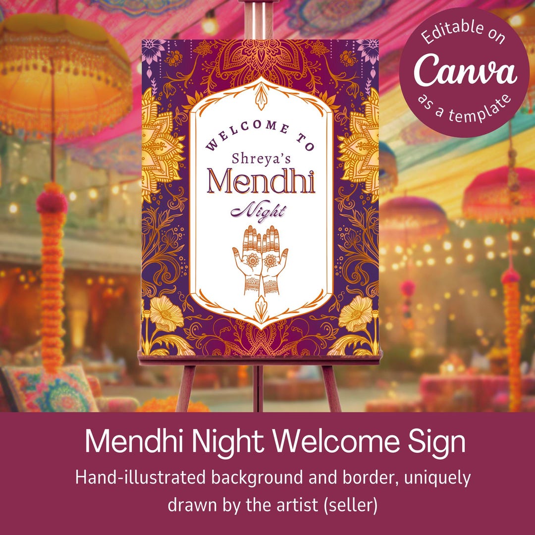 Aesthetic Mendhi Night Welcome Sign Canva Template | Indian Wedding ...