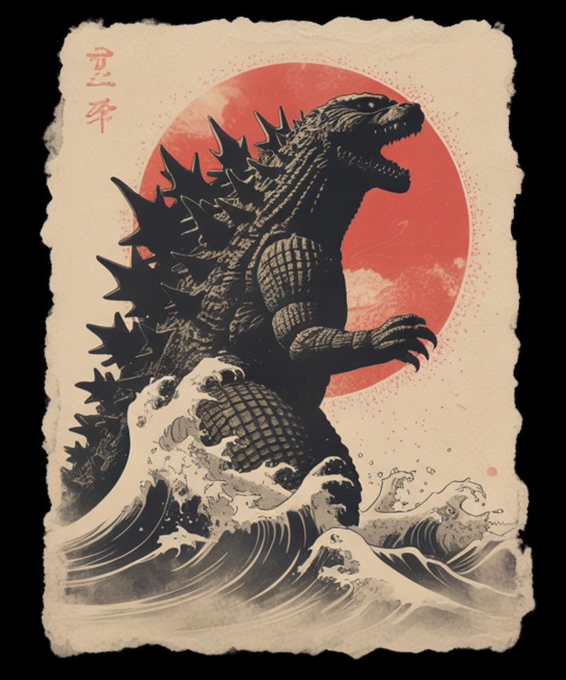 Vintage Japanese Godzilla Great Wave PNG, Godzilla and the Wave Youth ...