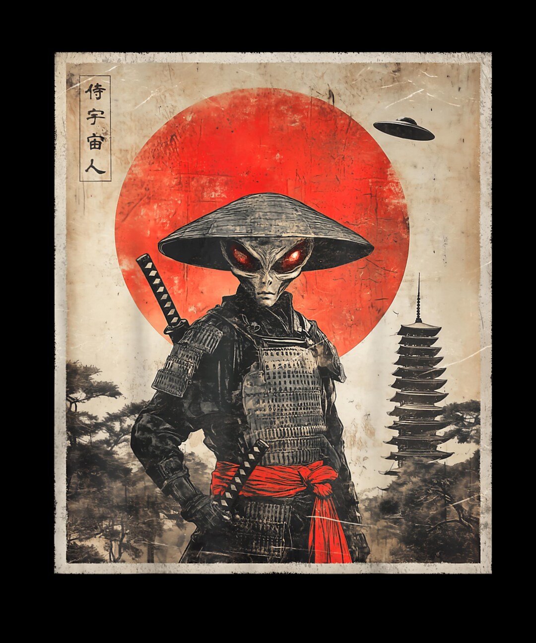 Alien Samurai UFO Japanese Graphic Ukiyo-e Art Funny Png, Japanese ...