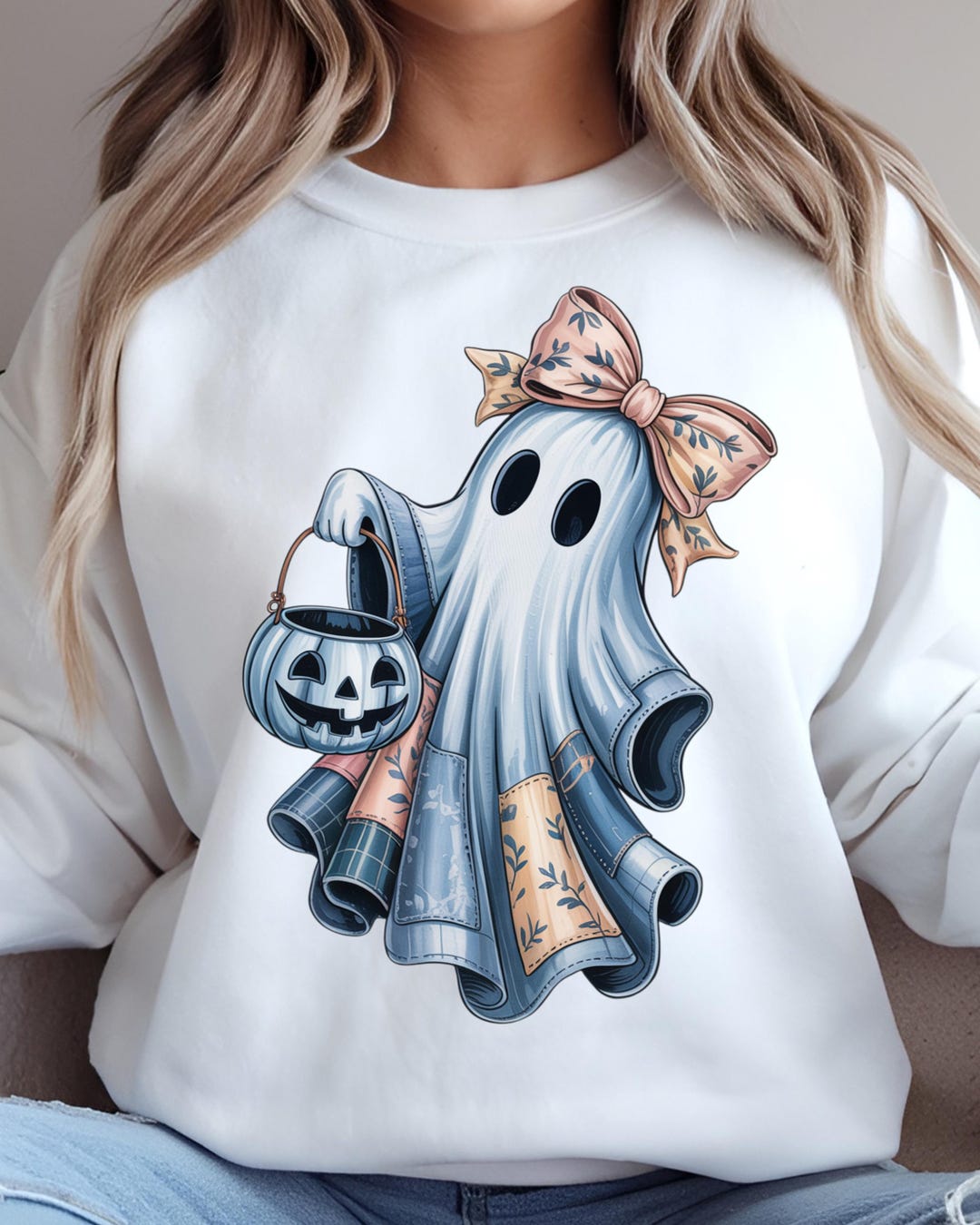 Retro Halloween Blue Denim Ghost Png, Trendy Patchwork Spooky Ghost Png ...