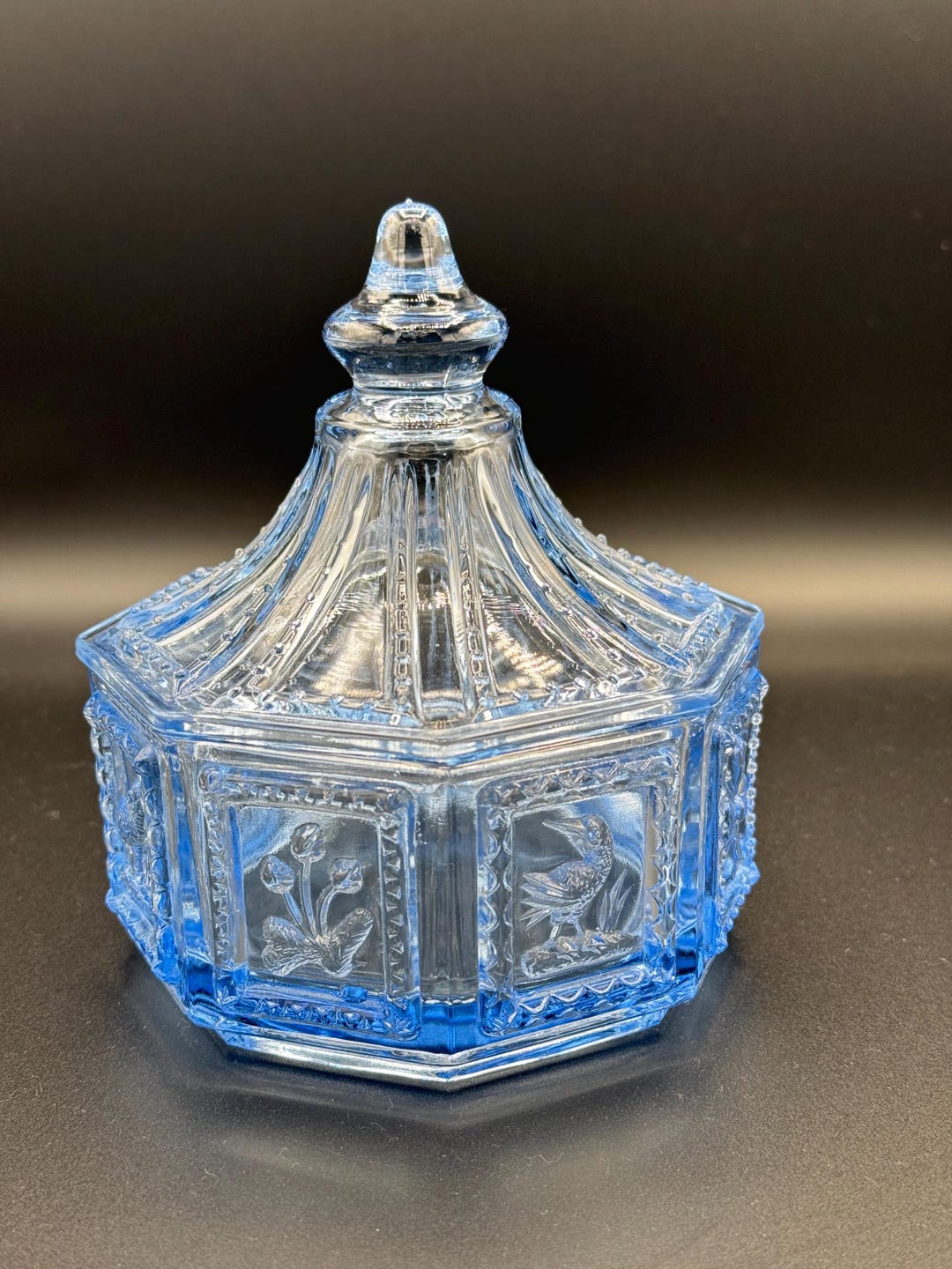 Vintage Blue Covered Candy Dish Octagon With Birds and Flowers - Etsy