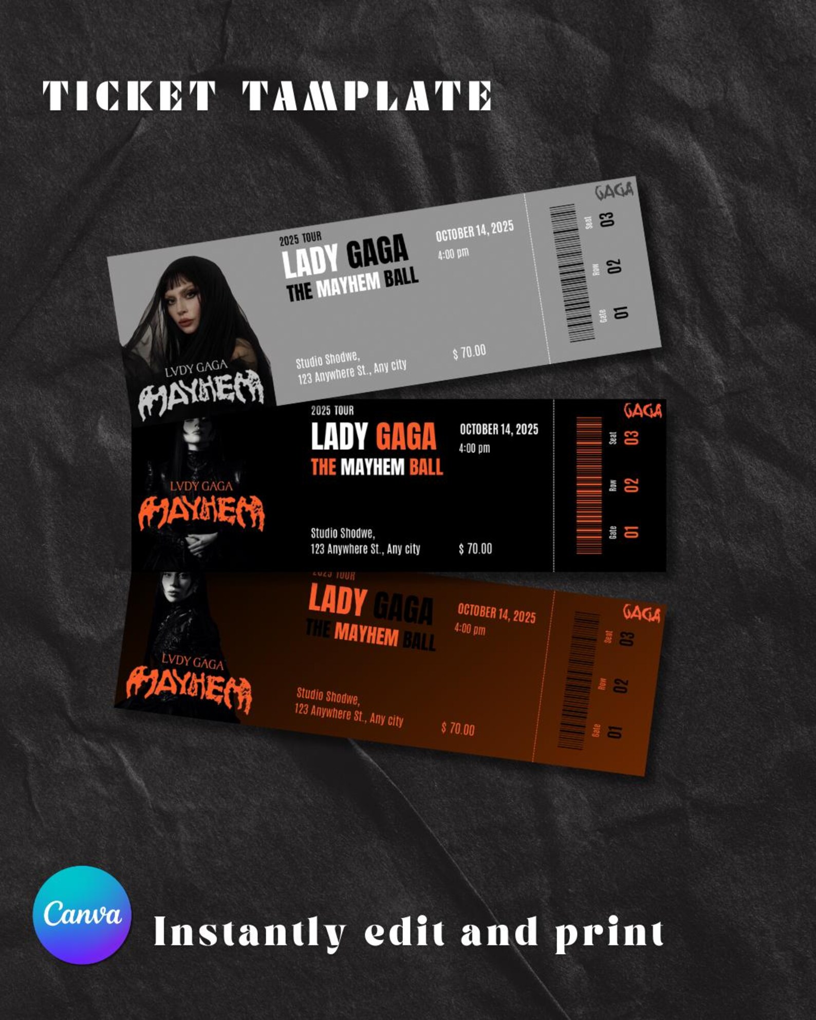 Editable Concert Ticket Tamplete - Lady Gaga, the Mayham Ball - Etsy