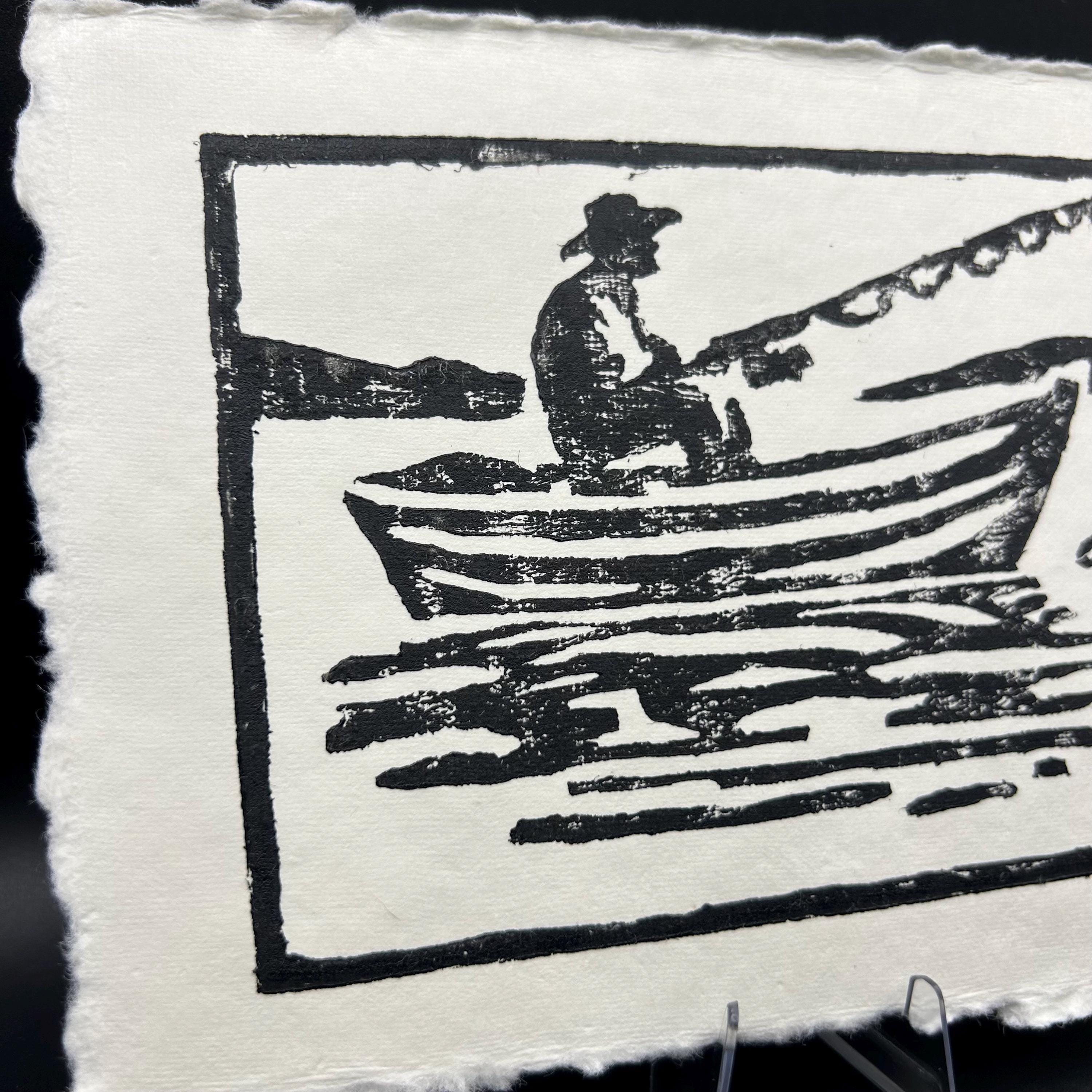 Fisherman Linocut Block Print | Handmade Stamp - Etsy