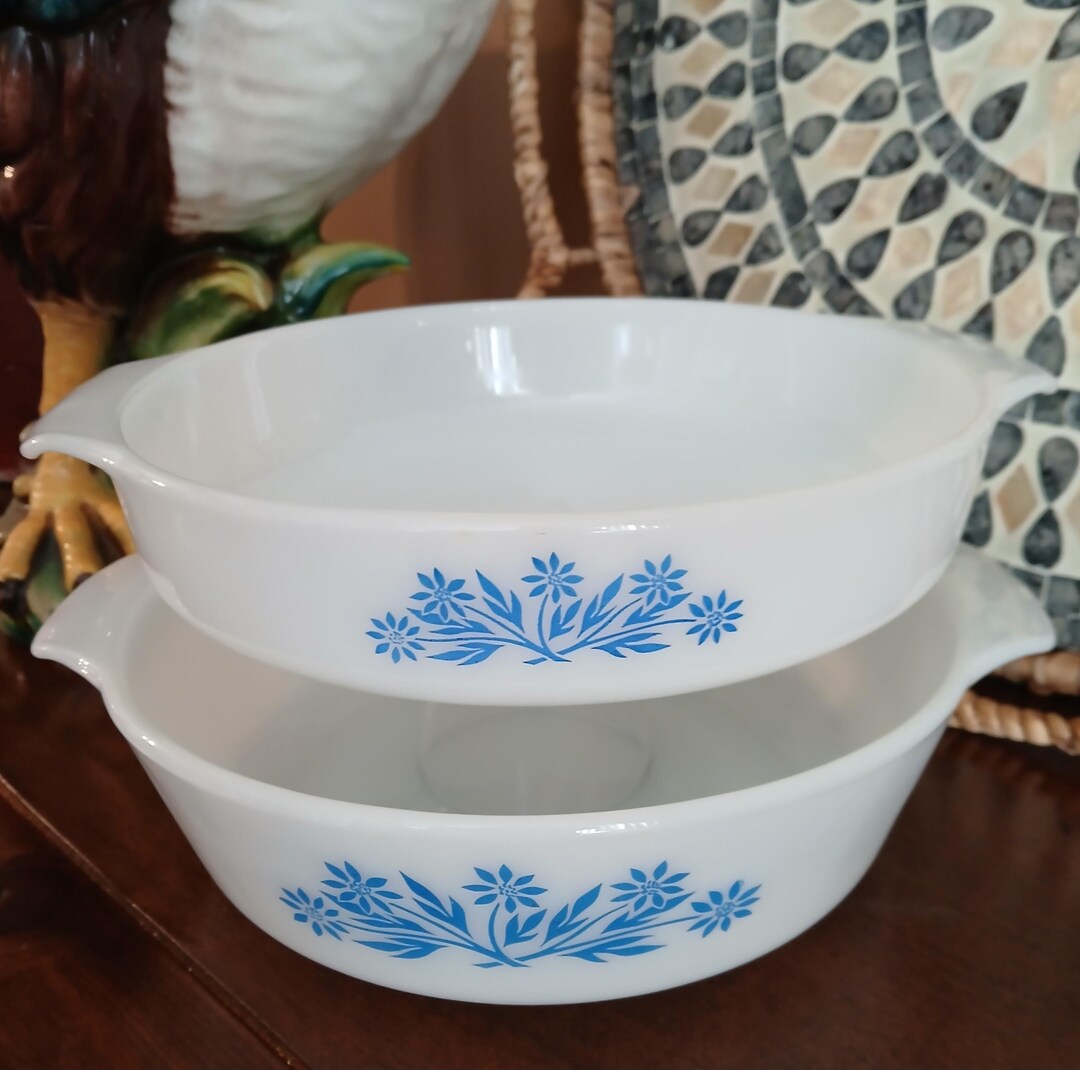 Vintage Anchor Hocking Fire King Blue Cornflower Casserole Bakeware Set ...