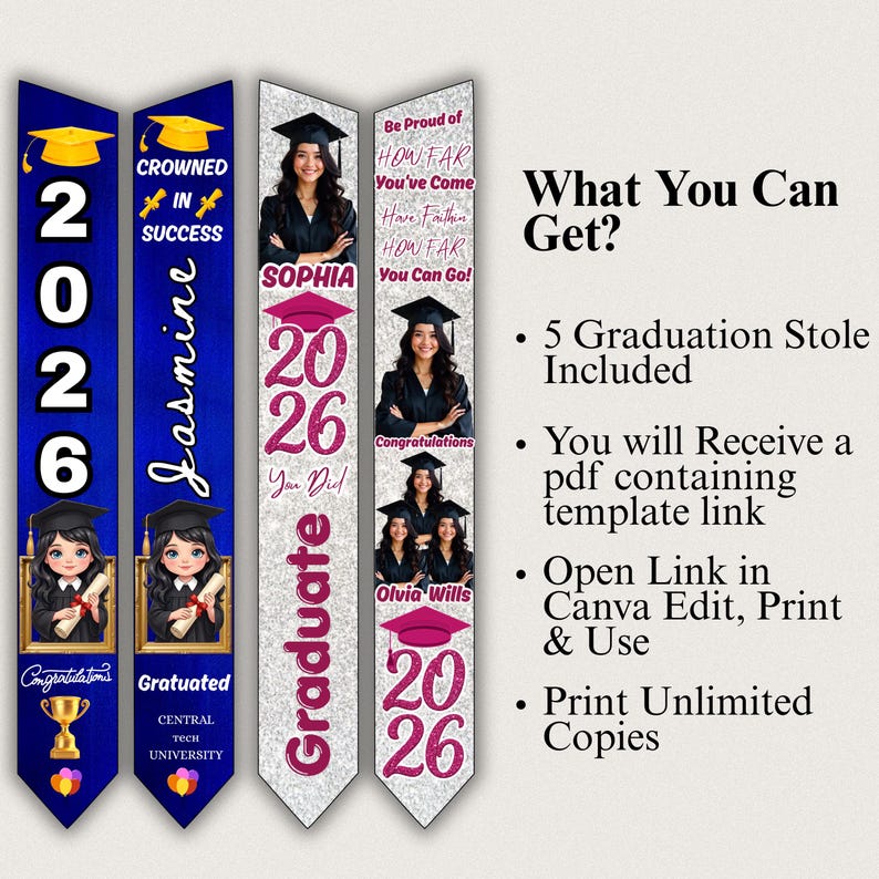 Editable Graduation Stole Template Bundle, Class of 2026 Canva Sash ...