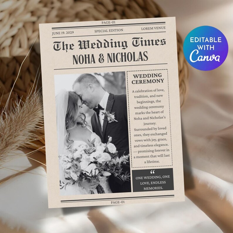 Editable Wedding Newspaper Template: Canva Wedding Program (digital ...