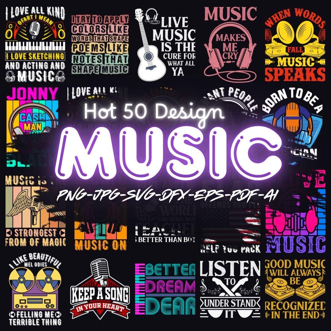 50 Music SVG Bundle: Retro T-shirt Designs, Sound Clipart (instant ...