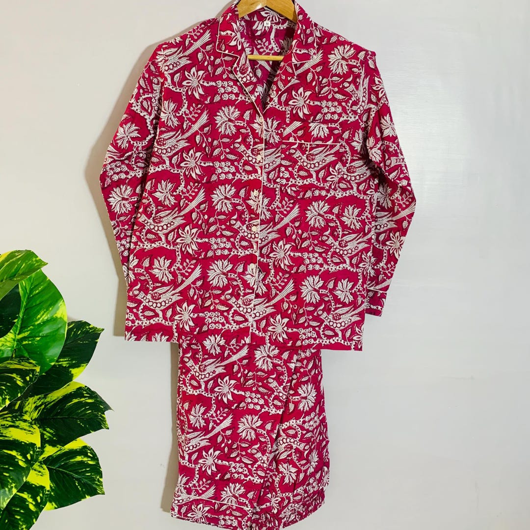 Pink Floral Print Pj Set, Nightwear Cotton Pj Set, Handmade Cotton Pj ...