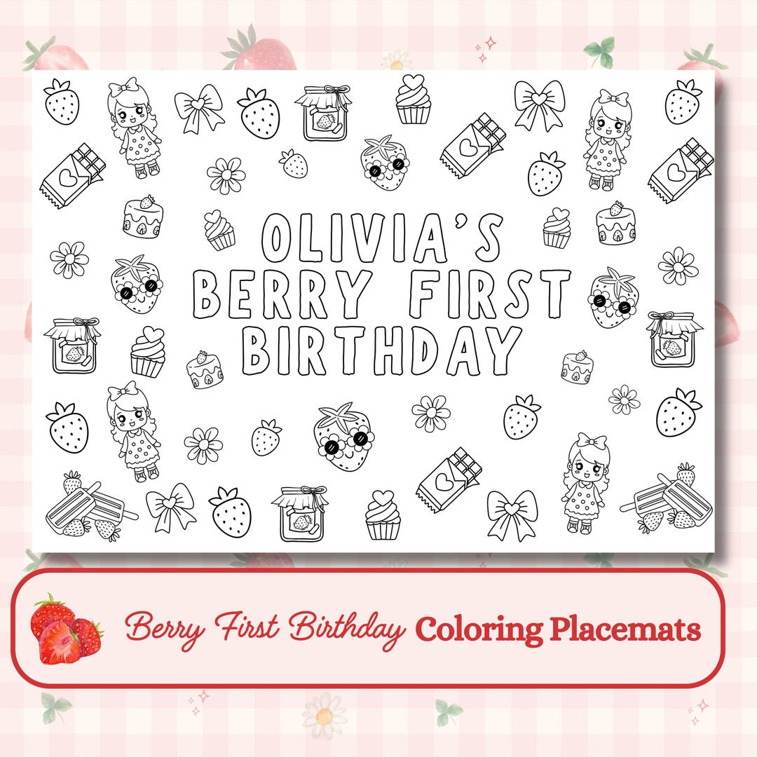 Berry First Birthday Coloring Page Placemat | Strawberry 1st Birthday ...