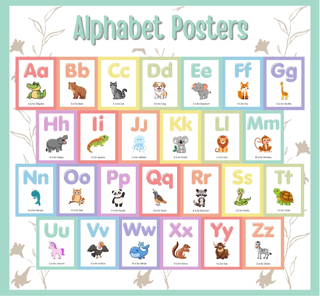 Pastel Animal ABC Poster Set: Classroom Nursery Wall Art (digital ...