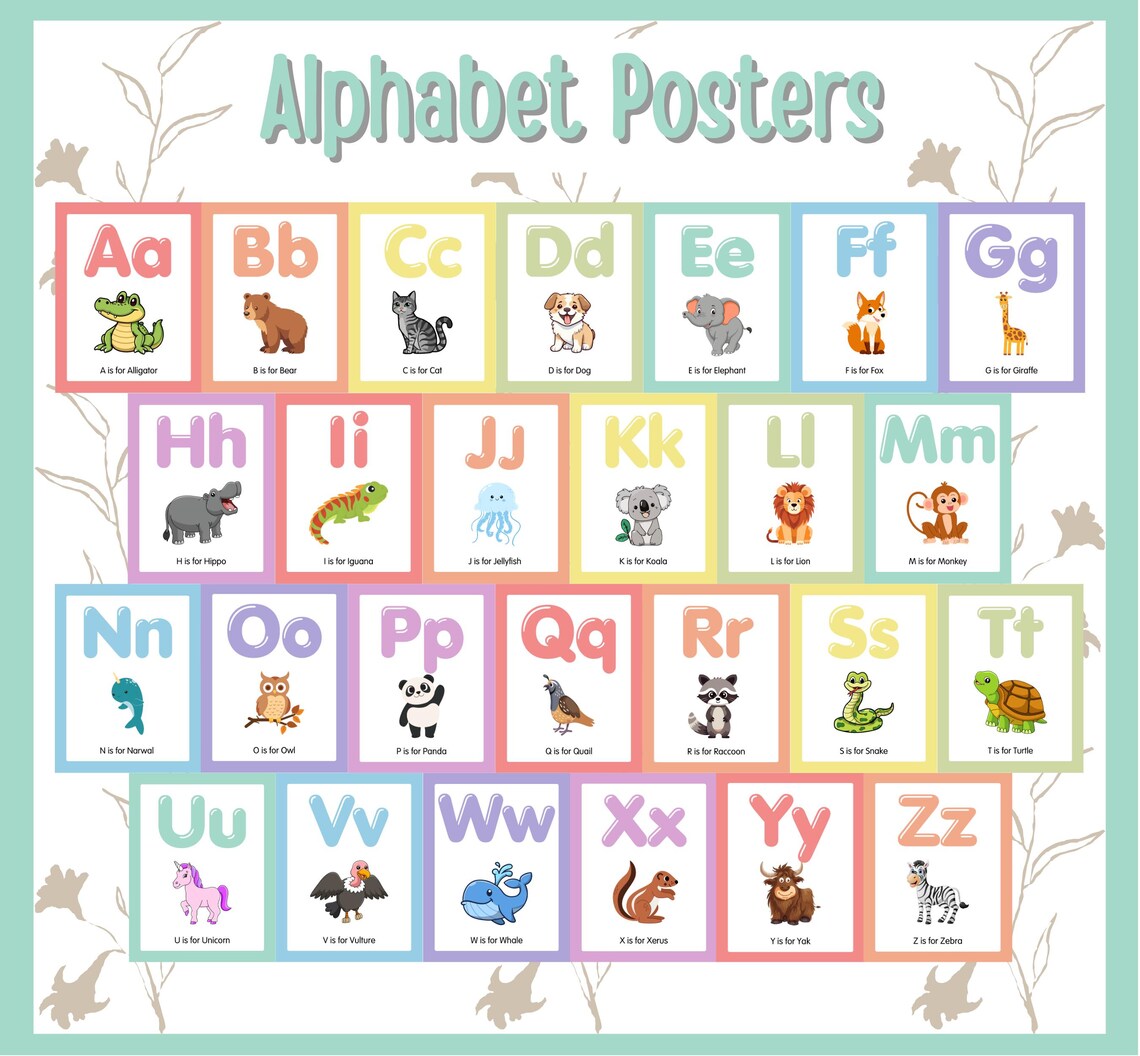 Pastel Animal ABC Poster Set: Classroom Nursery Wall Art (digital ...