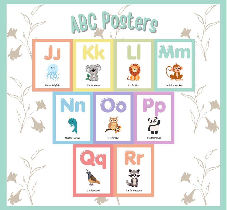 Pastel Animal ABC Poster Set: Classroom Nursery Wall Art (digital ...