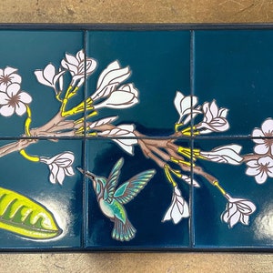 Plumeria & Hummingbirds Hand Glazed Tile Mural | 30"x12" Framed Art or ...