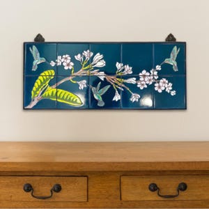 Plumeria & Hummingbirds Hand Glazed Tile Mural | 30"x12" Framed Art or ...
