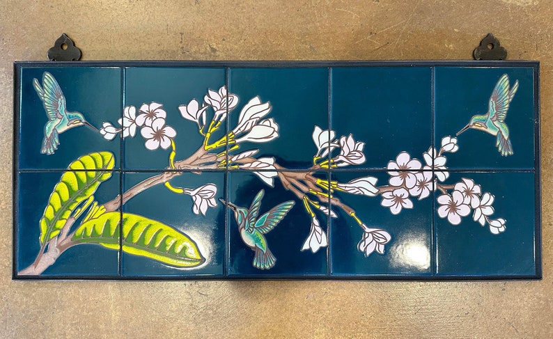 Plumeria & Hummingbirds Hand Glazed Tile Mural | 30"x12" Framed Art or ...