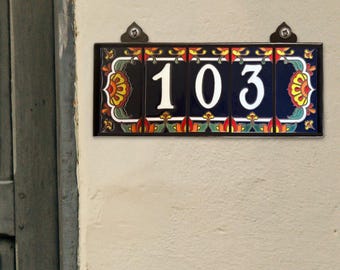 Talavera Tile House Sign | White on Dark Blue | Hummingbird End Caps ...