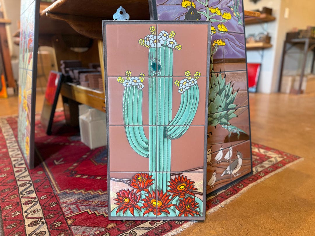 Saguaro Cactus Mural on Terra Cotta, Emerald or Red | Arizona Desert ...