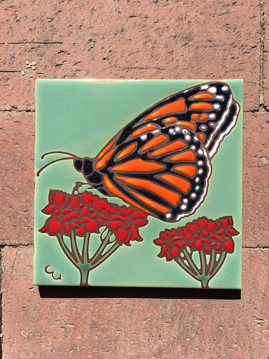 Hand Glazed Ceramic 6"x6" Monarch Butterfly With Milkweed Flowers ...