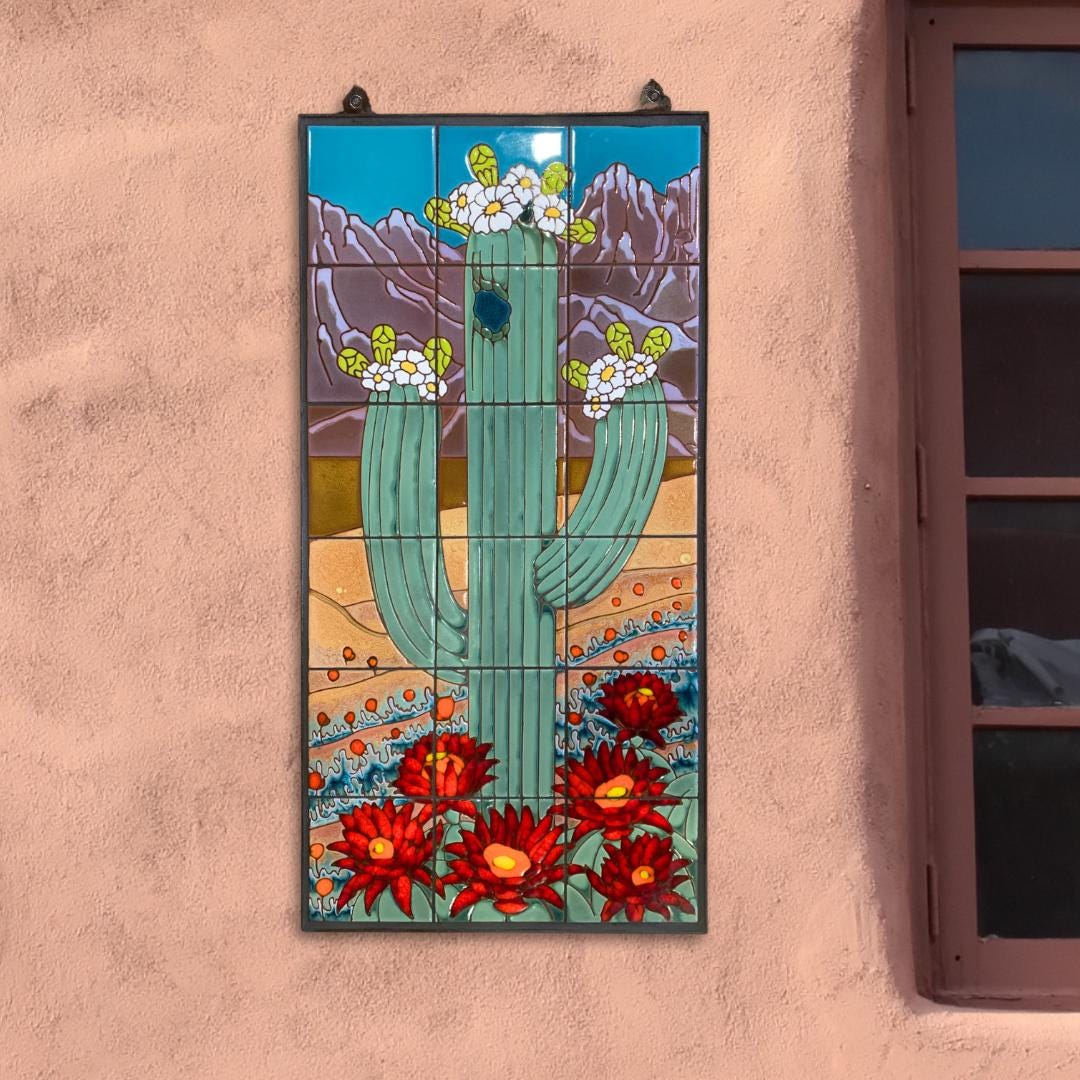 18x36 Saguaro Cactus Hand Glazed Tile Mural | 18"x36" Hand Glazed ...