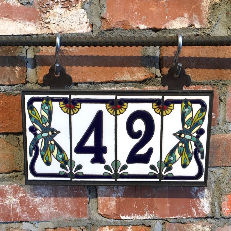 Dragonfly House Numbers | Blue on White Ceramic Tile | Dragonfly End ...
