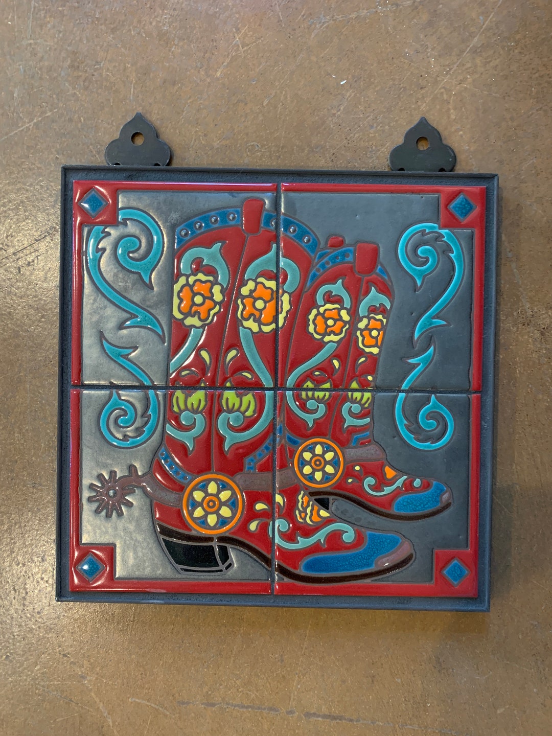12x12 Cowboy Boots on Silver Hand Glazed Decorative Tile Mural ...