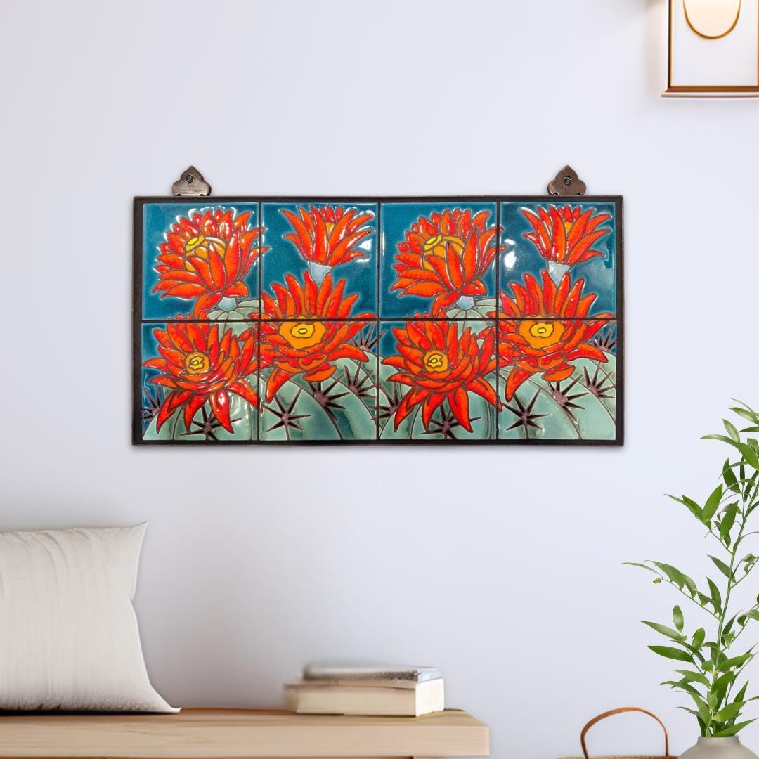 24x12 Hedgehog Cactus Tile Mural on Emerald Background | Hand Glazed ...