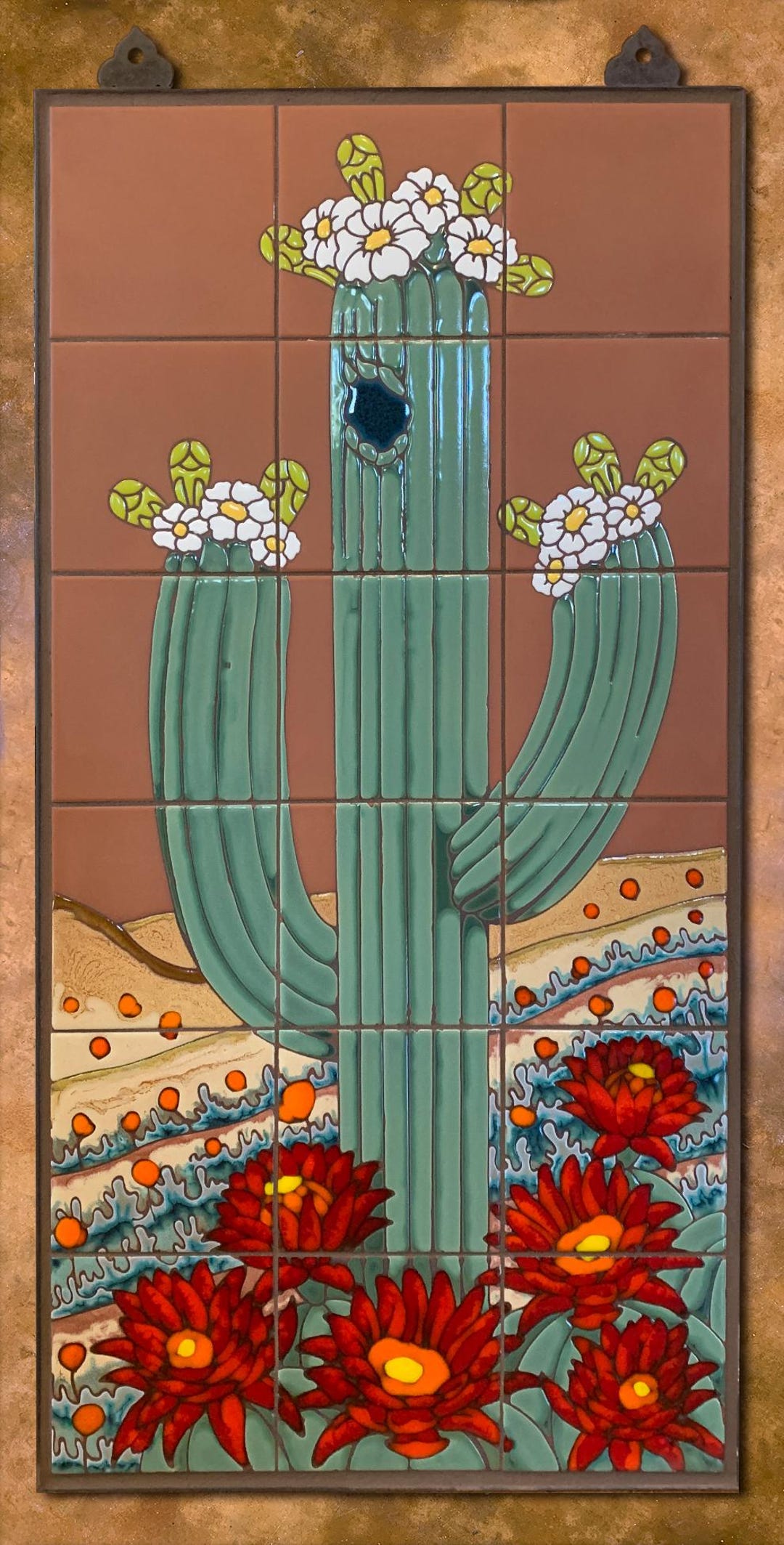18x36 Saguaro on Terra Cotta - Hand Glazed Tile Mural - Arizona Desert ...