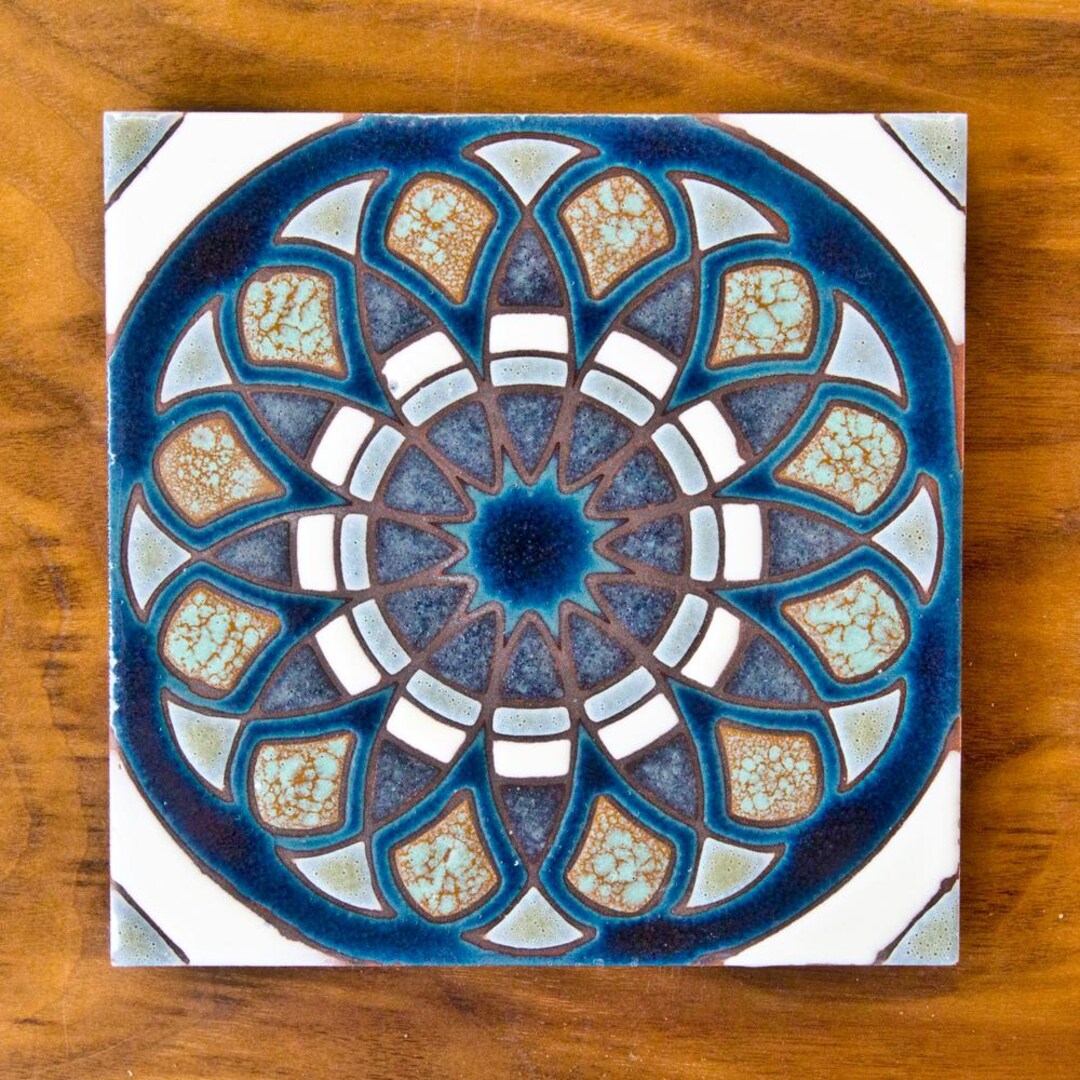 6x6 Hand Glazed Radial Basket Tile in Blue or Rainbow - Art Gift ...