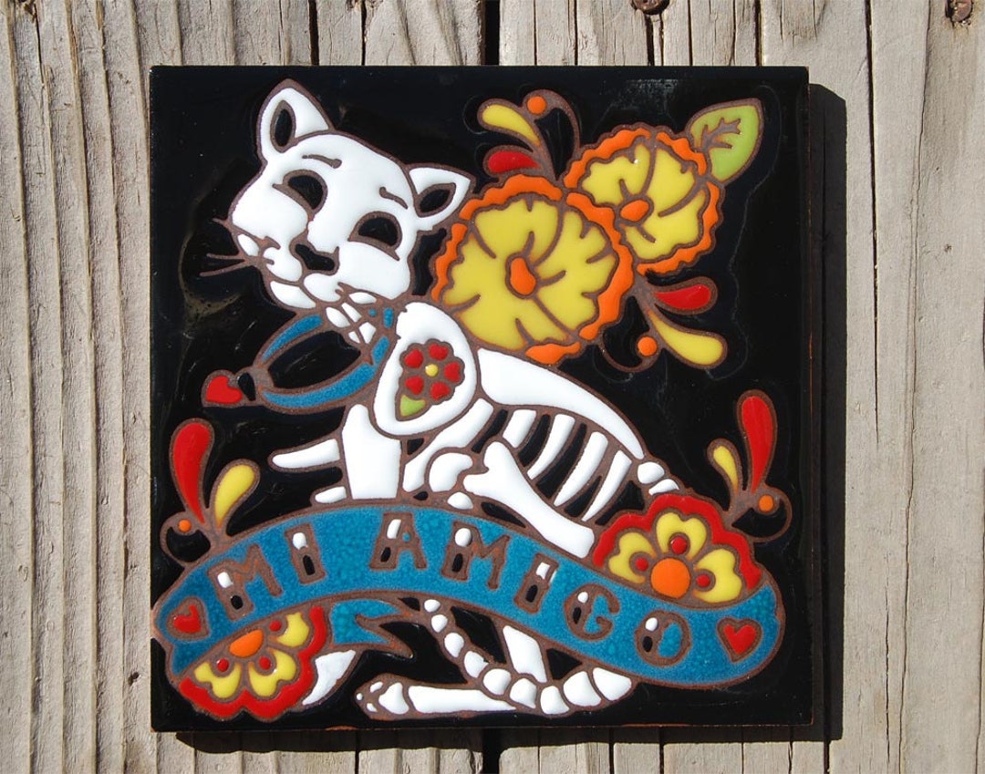 Day of the Dead Cat 6"x6" Hand Glazed Tile Trivet - Etsy