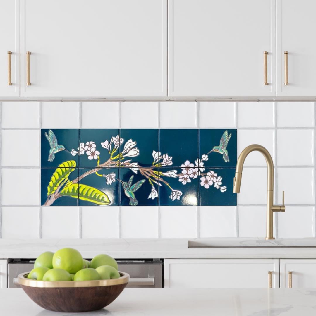 Plumeria & Hummingbirds Kitchen Backsplash Hand Glazed Tile Mural 30 ...