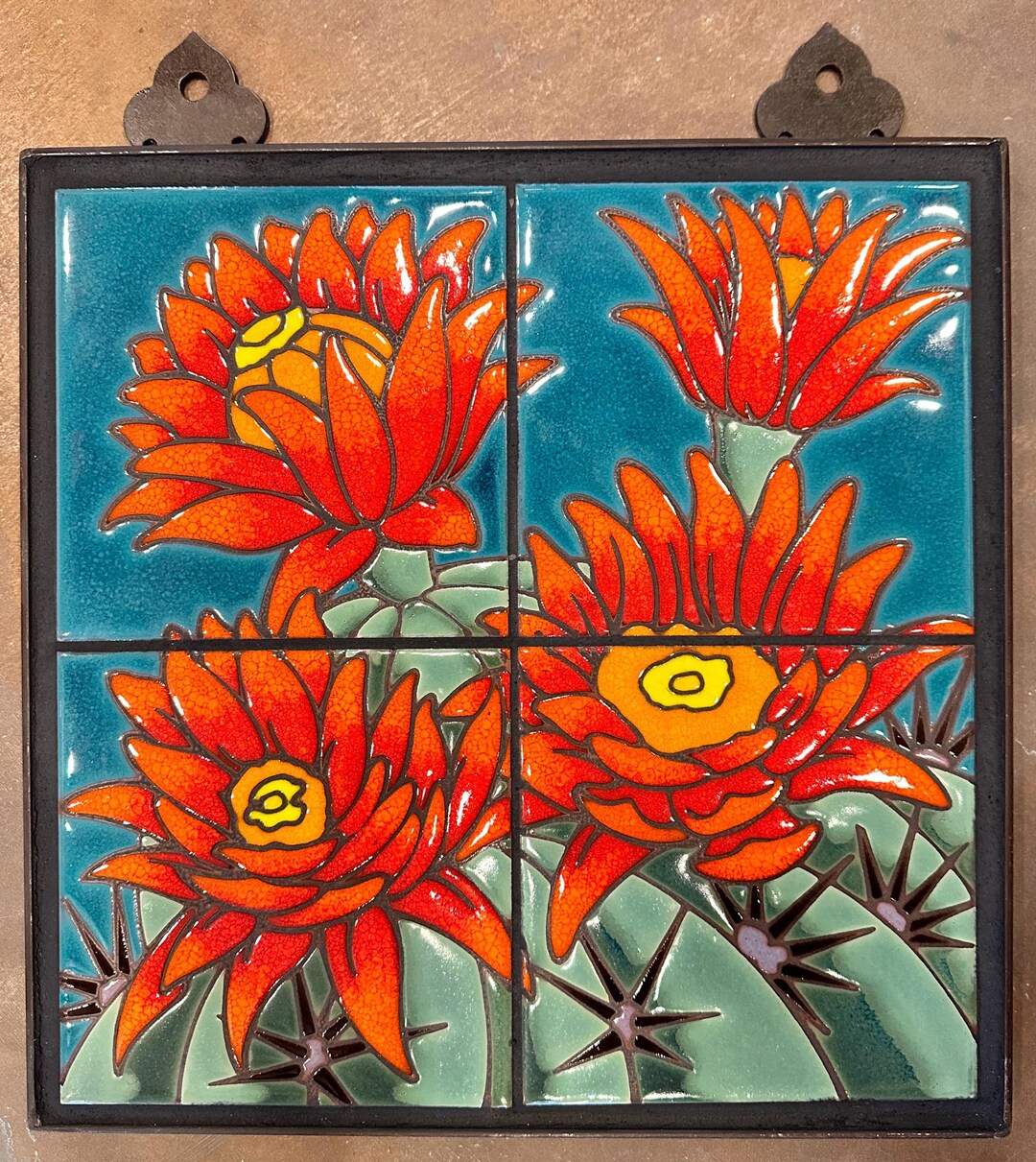 Hand Glazed Tile Mural Hedgehog Cactus on Emerald 12"x12 ...
