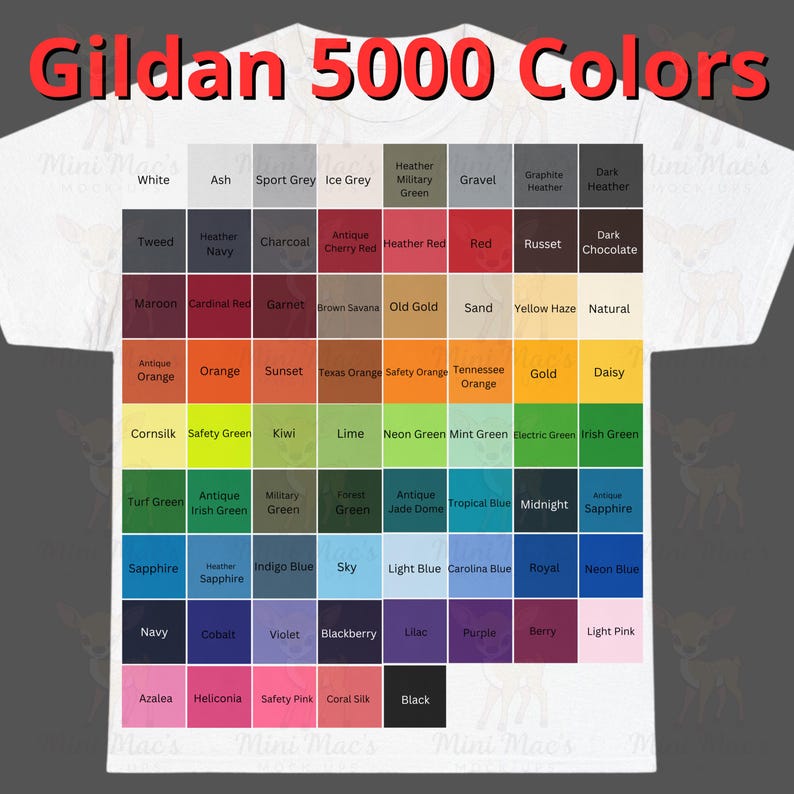 Gildan 5000 Color Chart - Etsy