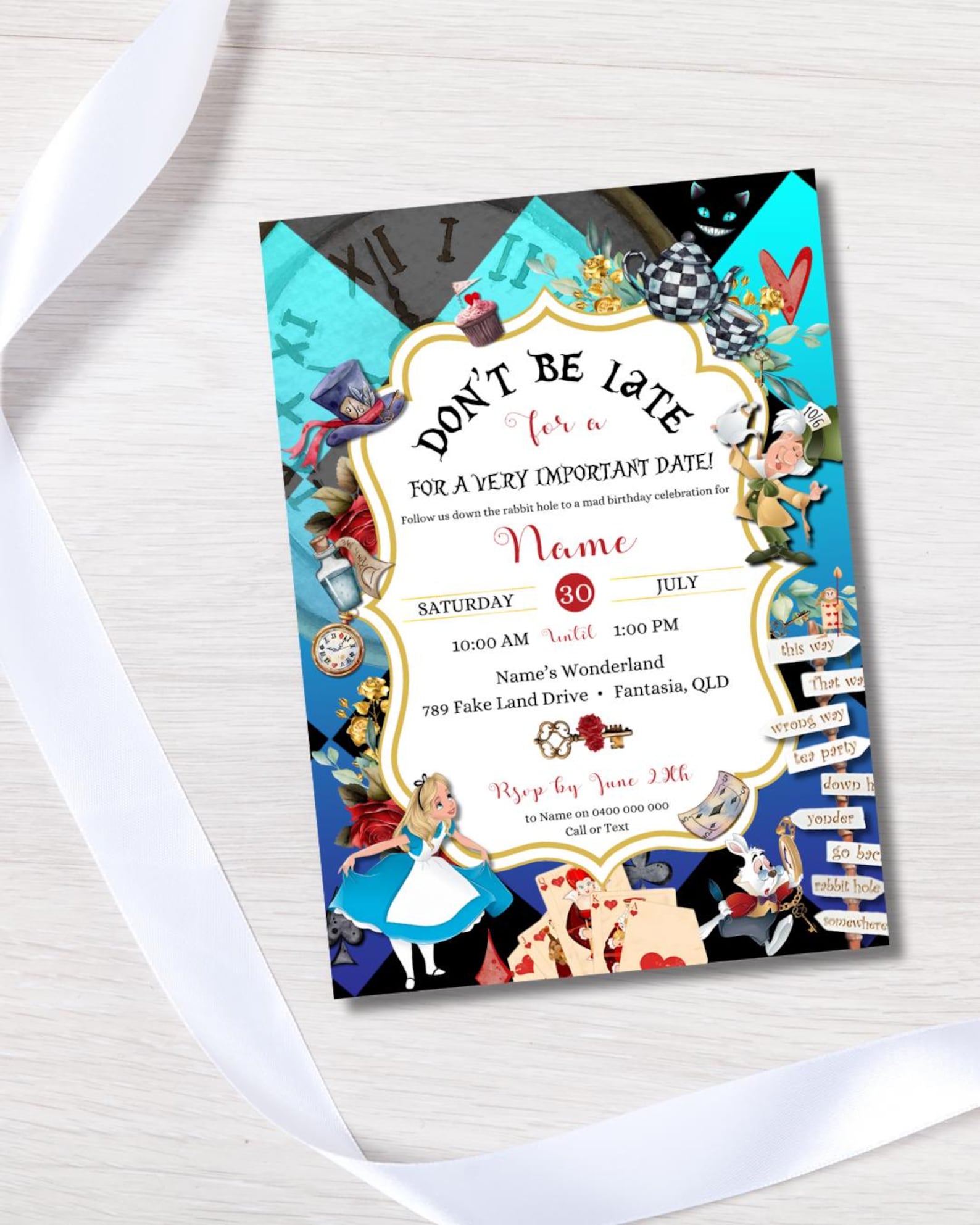 Editable Alice in Wonderland Birthday Invitation Template (digital ...