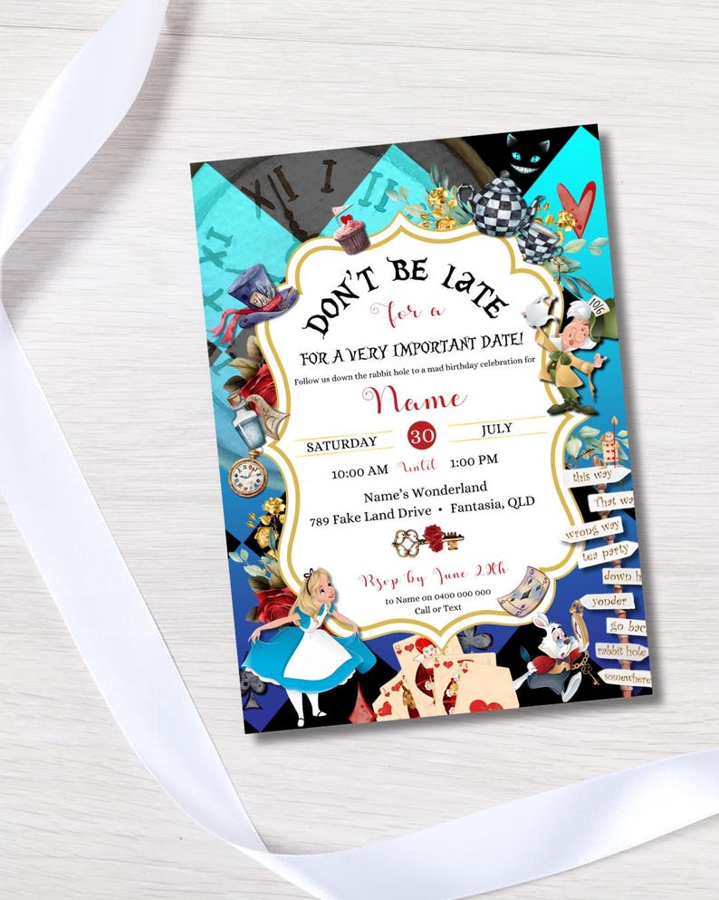 Editable Alice in Wonderland Birthday Invitation Template (digital ...