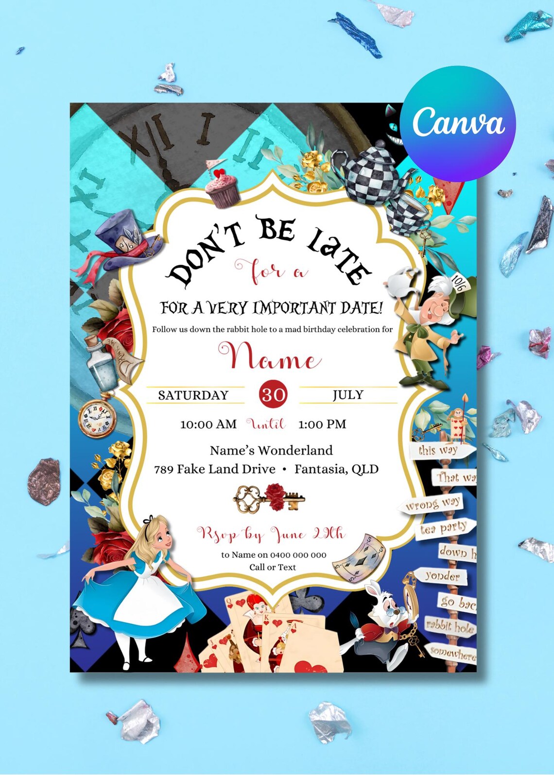Editable Alice in Wonderland Birthday Invitation Template (digital ...