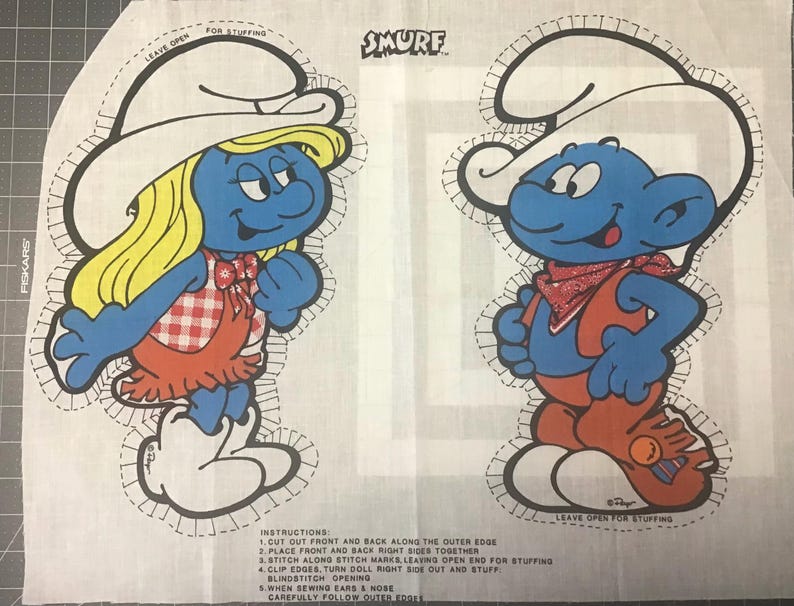 Smurfette and Smurf Cowboy, Cowgirl Pillow Cut and Sew Panels, Peyo ...